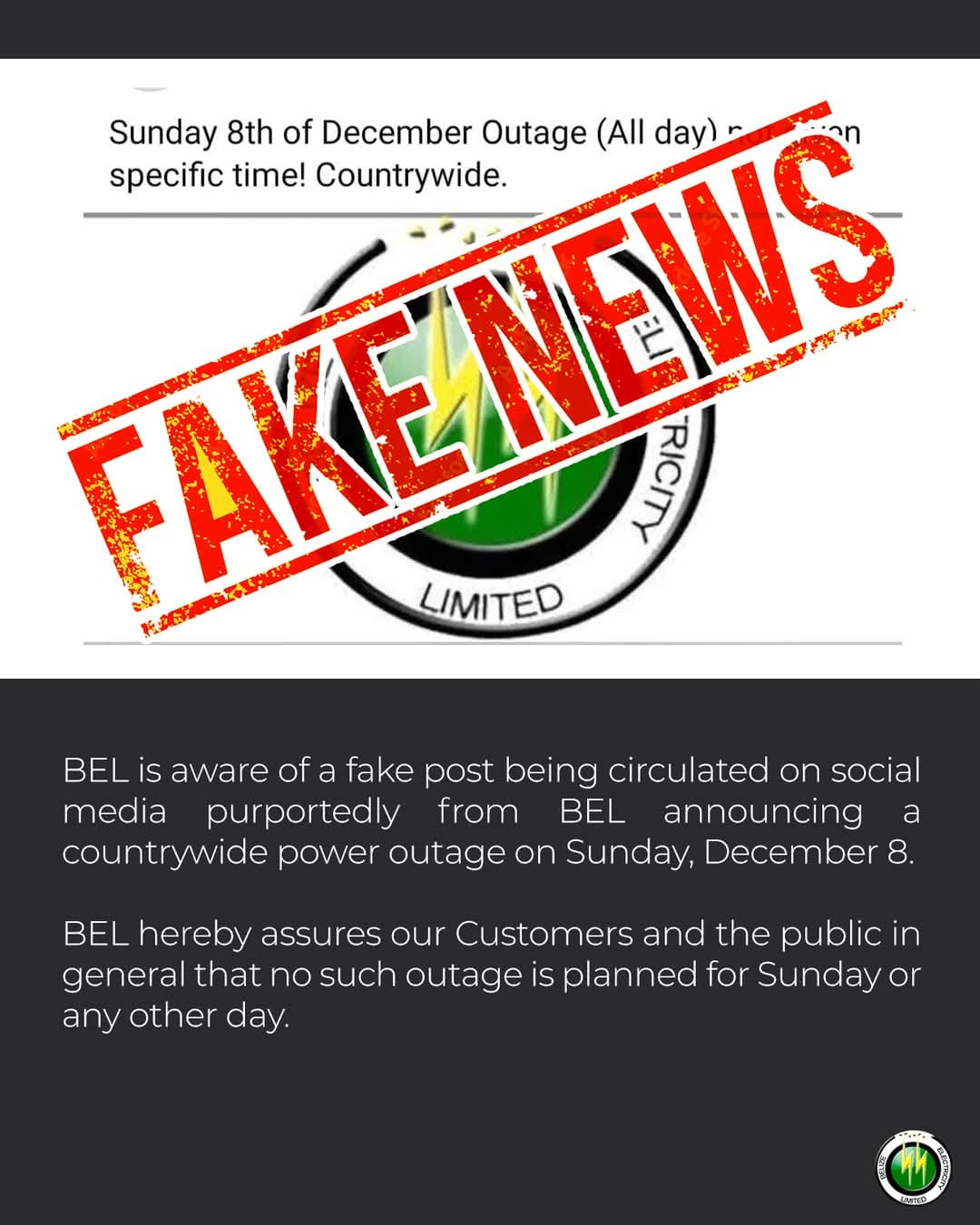 BEL confirms: No countrywide blackout scheduled for today